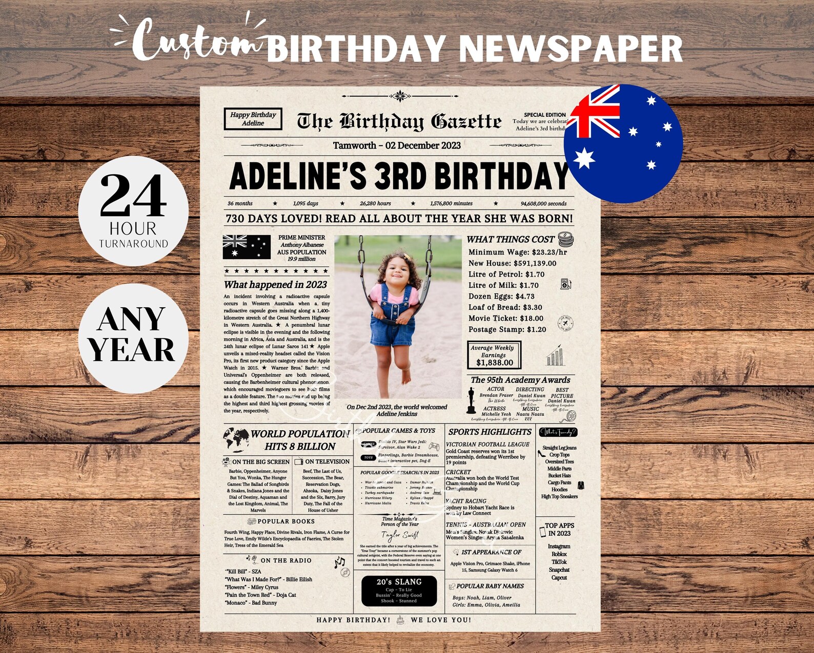 3rd Birthday Newspaper Poster Sign Australia, 3rd Birthday Gift for Son ...