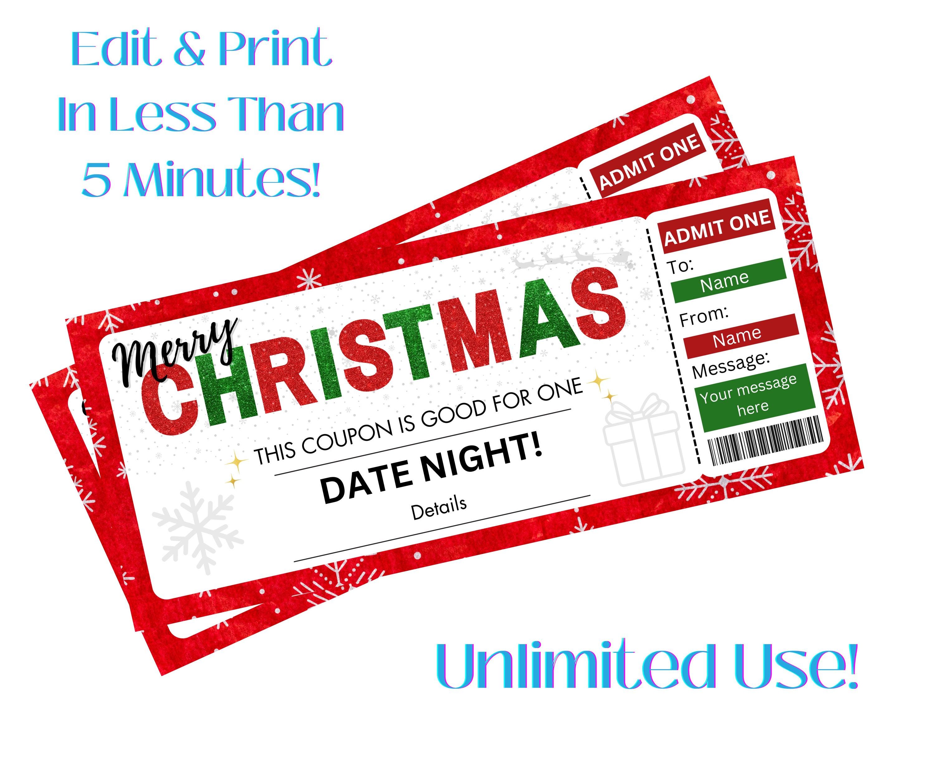 Christmas Date Night Ticket, Printable Date Voucher, Dinner Date Coupon ...