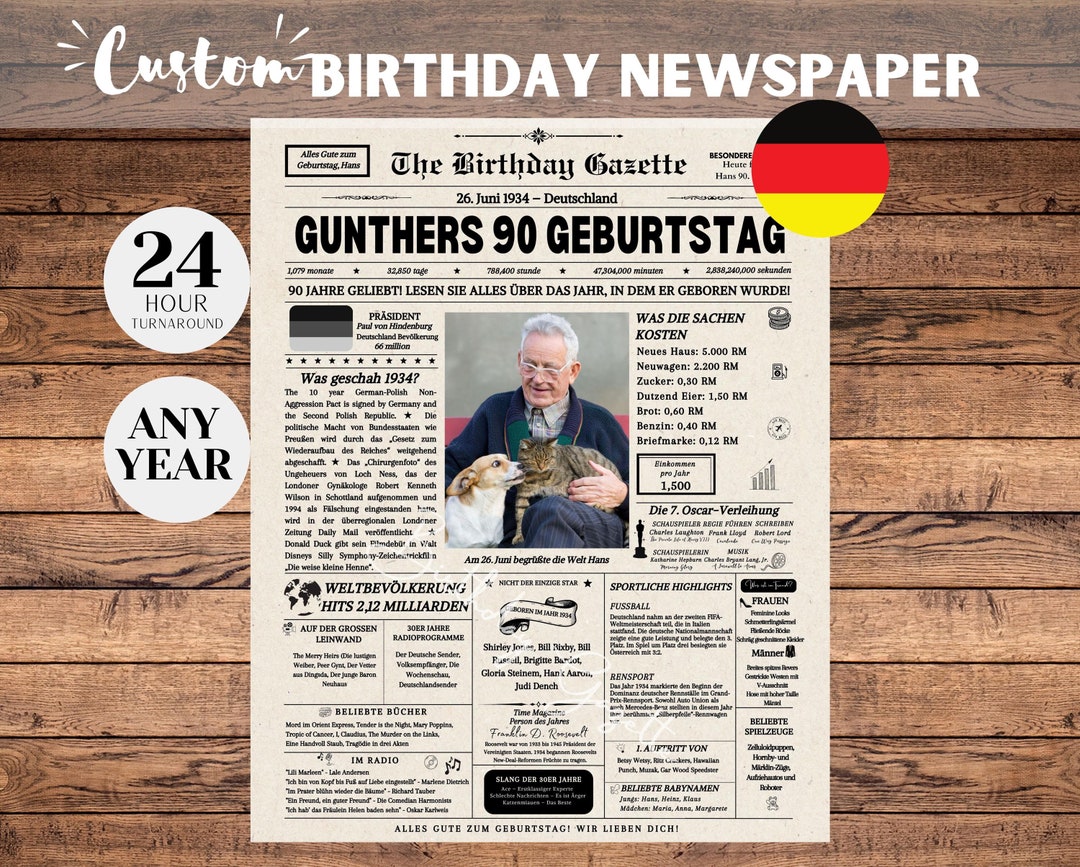 90th Birthday Newspaper Poster GERMANY, 80th Birthday Gift for Men or ...
