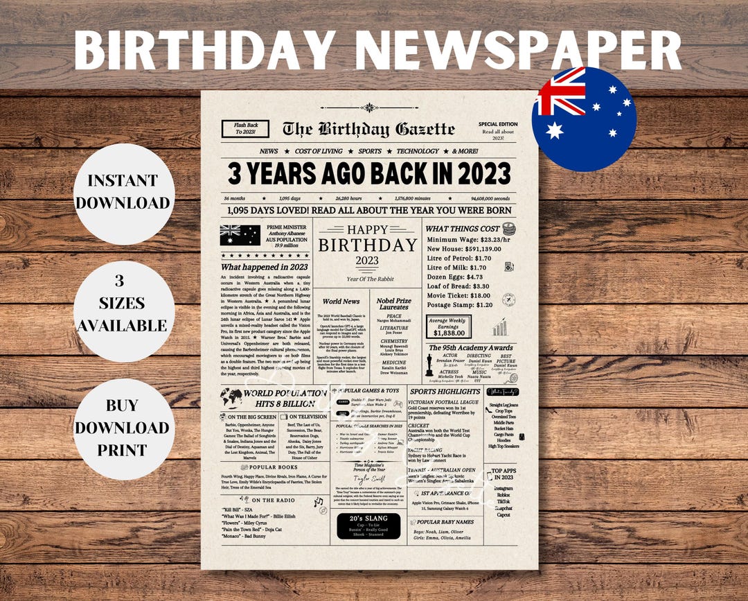3rd Birthday Newspaper AUSTRALIA, 2023 Birth Year, First Birthday Gifts ...