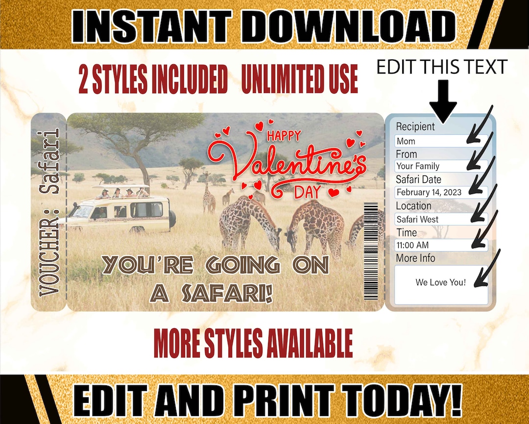 Safari Valentine's Day Gift Voucher Ticket Valentine's Day Printable ...