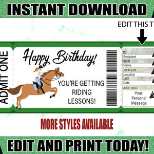 Horseback Riding Gift Certificate Ticket - Printable Birthday Ticket ...