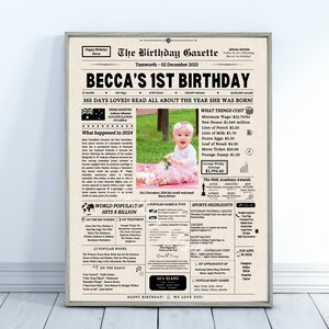 1st Birthday Newspaper Poster Sign AUSTRALIA, 1st Birthday Gift for Son ...