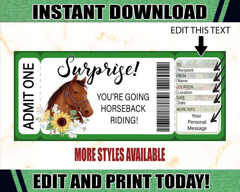 Horseback Riding Gift Certificate Ticket Printable Surprise | Etsy