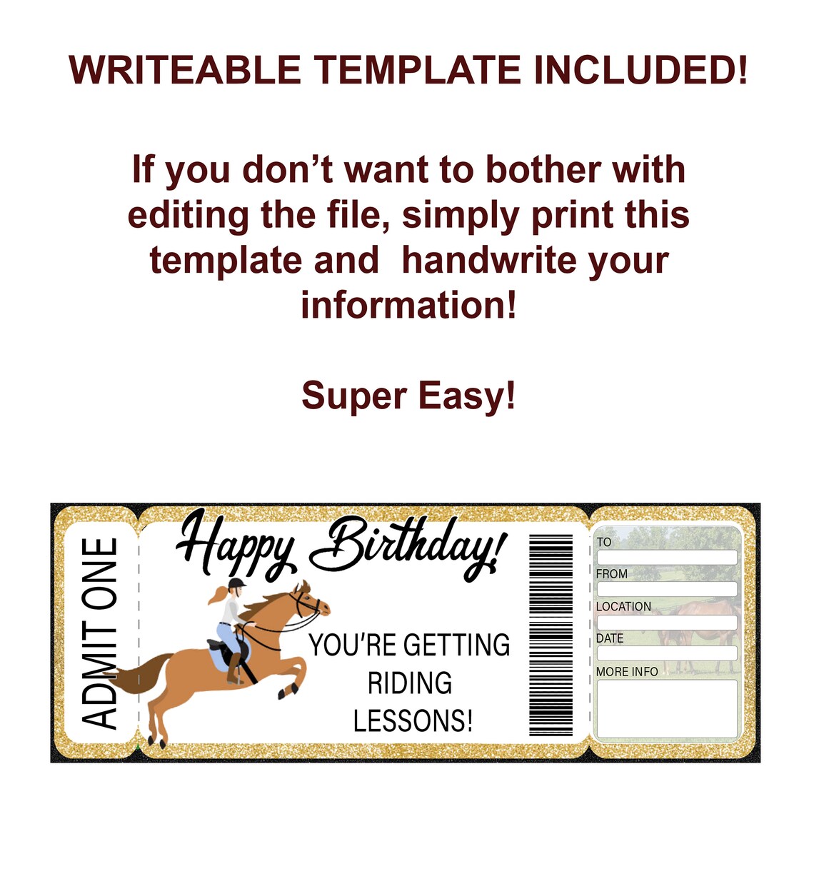 Horseback Riding Gift Certificate Ticket Printable Birthday | Etsy