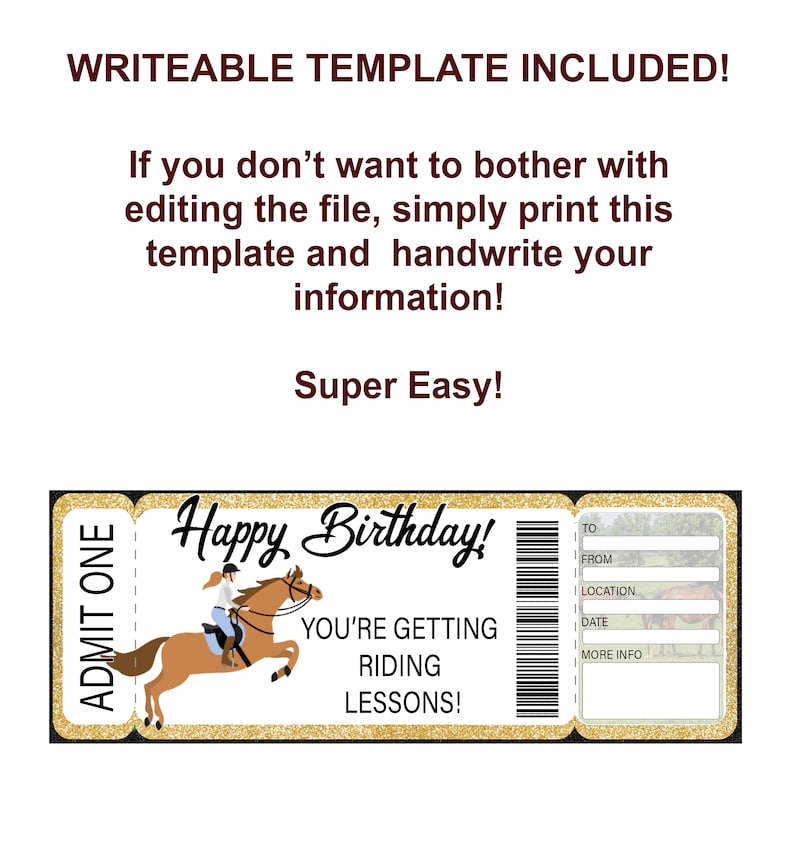 Horseback Riding Gift Certificate Ticket Printable Birthday | Etsy