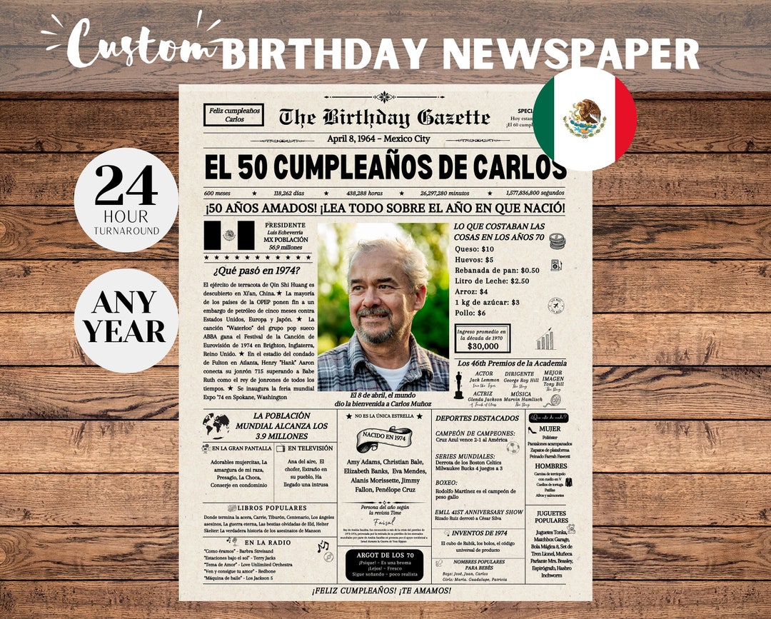 50th Birthday Newspaper Poster MEXICO, 50th Birthday Gift for Men or ...