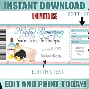 Spa Day Ticket Template, Anniversary Gifts, Last Minute Gifts, Happy ...