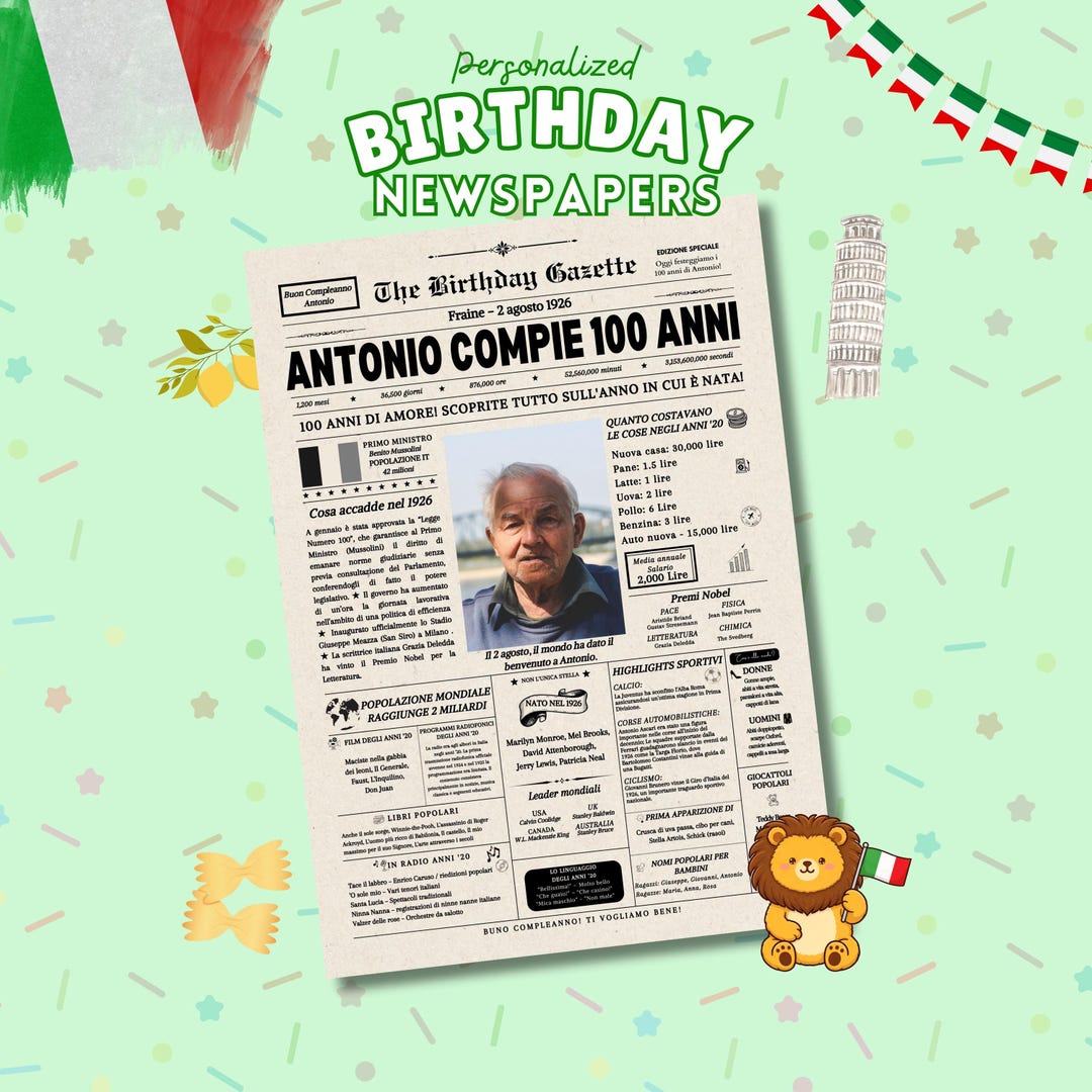 100th Birthday Italy Newspaper Personalized, the Day You Were Born ...