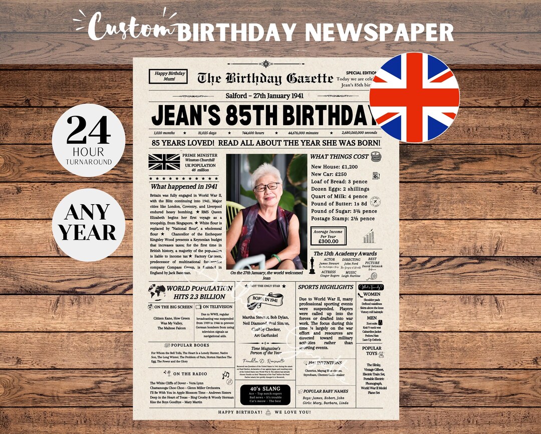 85th Birthday UK Newspaper Poster Sign, 85th Birthday Gift for Men or ...