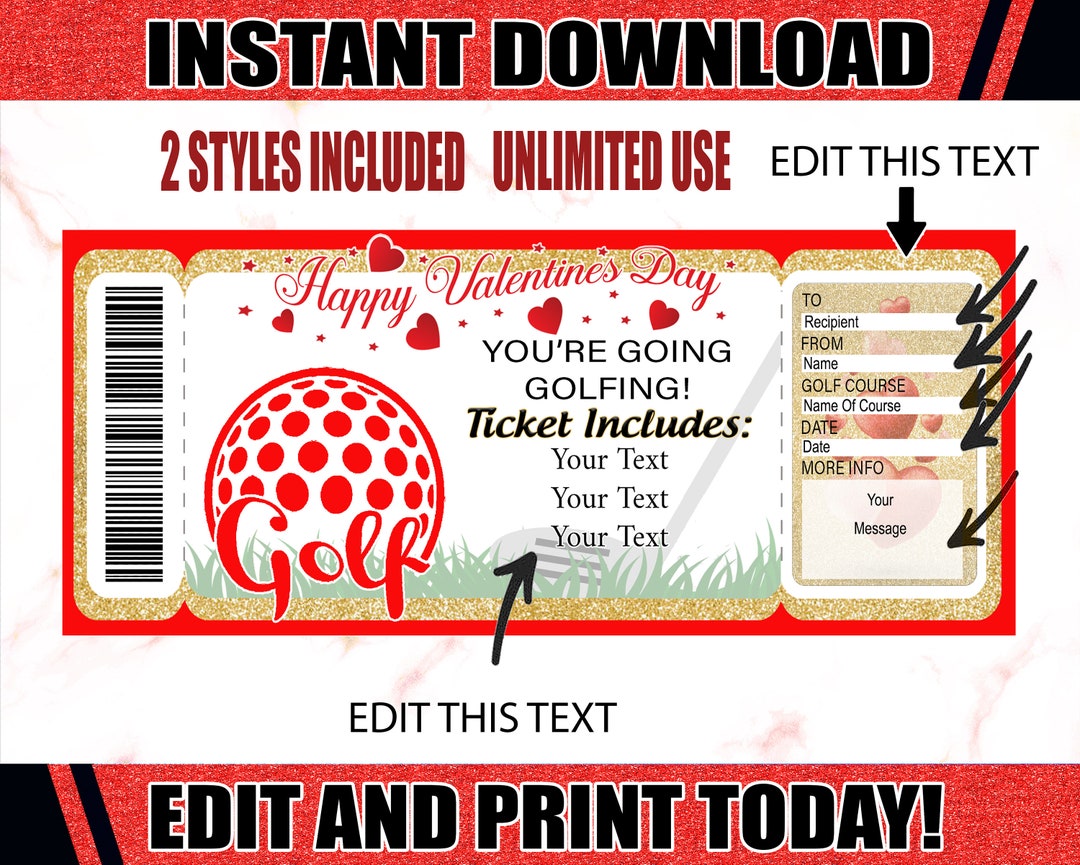 Valentines Golf Ticket, Printable Golf Gift Certificate Ticket ...