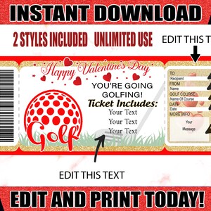 Valentines Golf Ticket, Printable Golf Gift Certificate Ticket ...