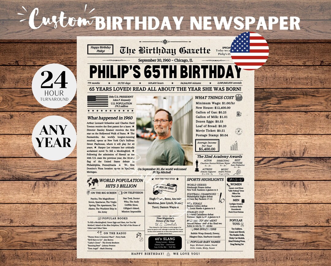 65th Birthday Newspaper Poster Sign, 65th Birthday Gift for Men or ...
