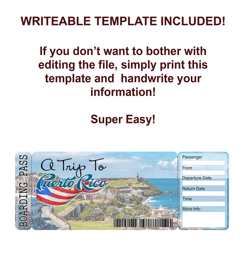 Puerto Rico Boarding Pass Ticket, Printable Airline Ticket Trip Reveal ...