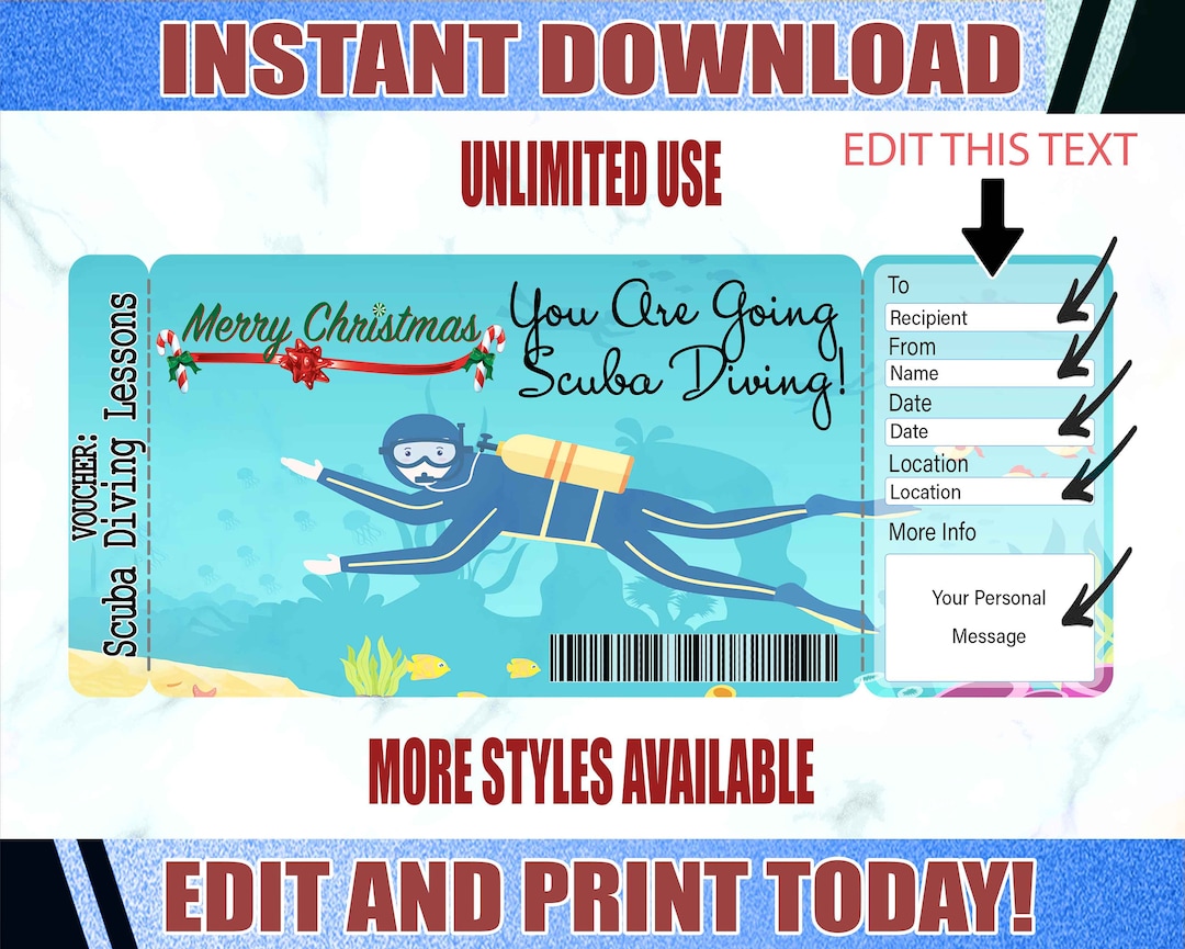 Scuba Diving Christmas Gift Ticket Template, Scuba Diving Printable ...