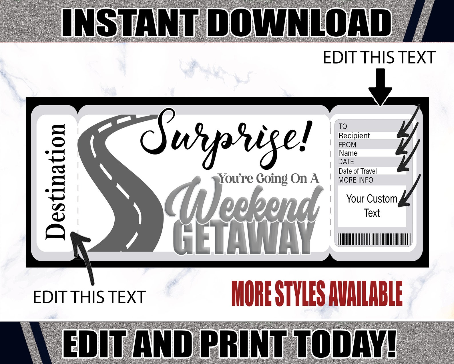 Printable, Editable, Downloadable, Vacation Ticket, Weekend Getaway ...