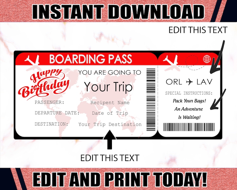 Editable Boarding Pass Template, Fake Airline Ticket, Trip Gift ...