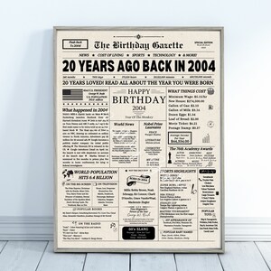 20th Birthday Newspaper Sign, 20th Birthday Gift, What Happened in 2004 ...