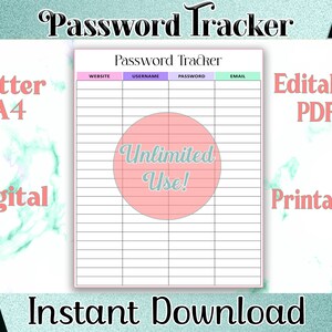 Editable Password Tracker, Password Form, Printable Form, Track ...