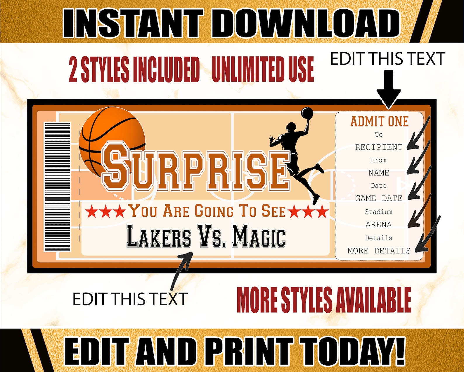 Basketball Game Ticket , Surprise Basketball Ticket , Printable ...