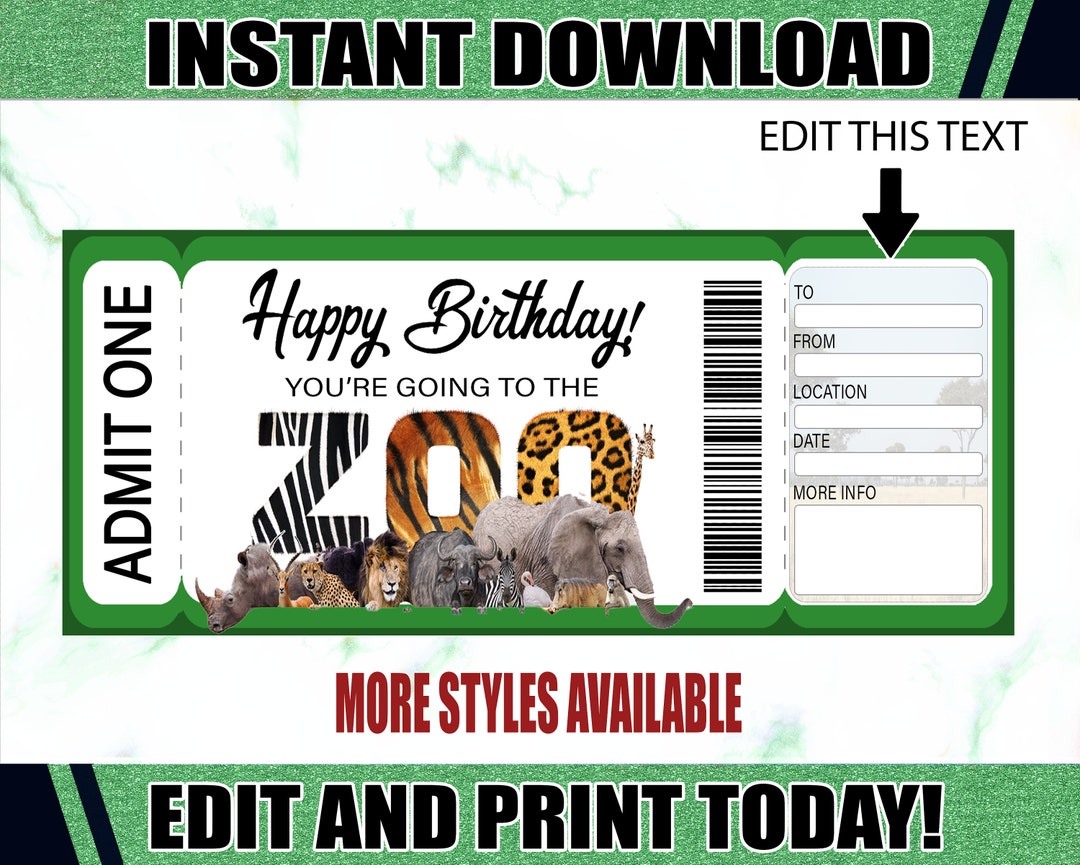 Zoo Printable Ticket. Birthday Zoo Ticket. Printable Zoo Gift Ticket ...
