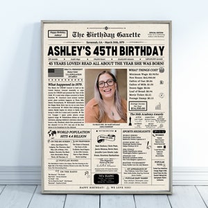45th Birthday Newspaper Poster Sign, 45th Birthday Gift for Men or Women, 1979 Birthday, 45 ...