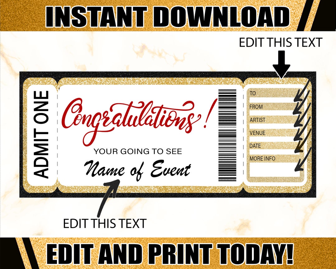 Editable Ticket Template, Congratulations Ticket, Birthday Gift Ideas ...