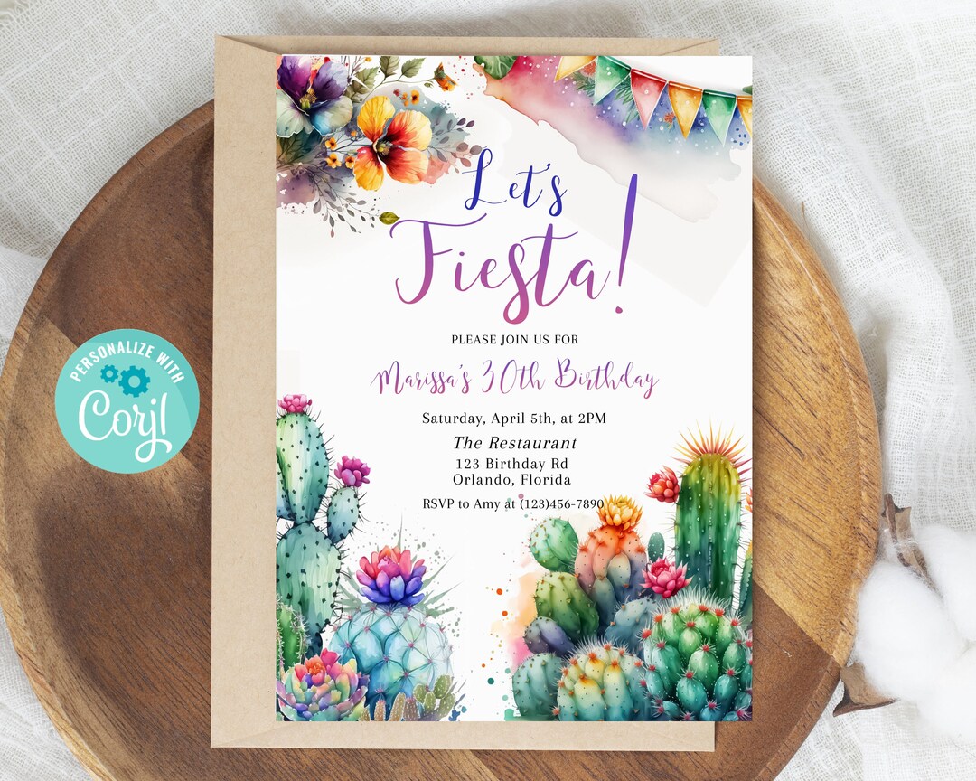 Let's Fiesta Editable Invitation, Cactus Invitation, Birthday ...