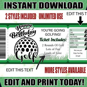Golf Birthday Ticket, Printable Golf Gift Certificate Ticket, Editable ...
