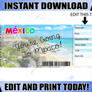 Mexico Boarding Pass Ticket, Printable Airline Ticket Trip Reveal ...