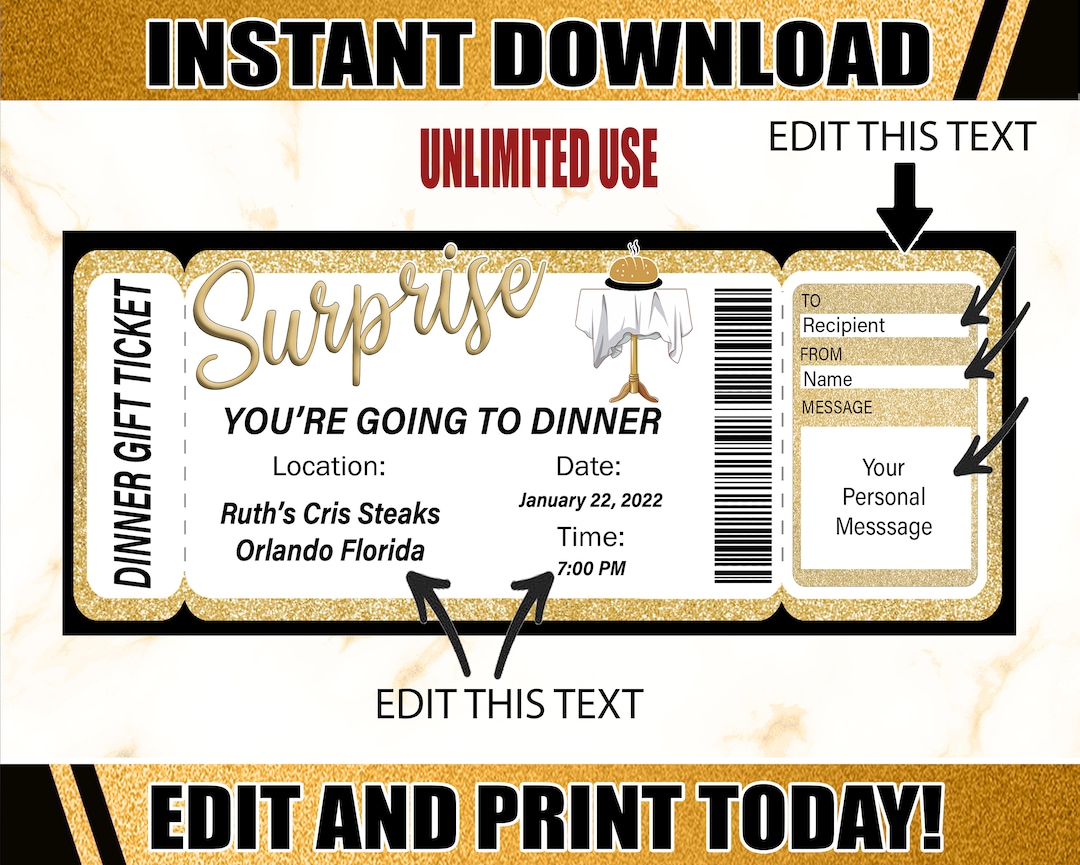 Surprise Dinner Ticket , Printable Dinner Ticket, Editable Dinner ...