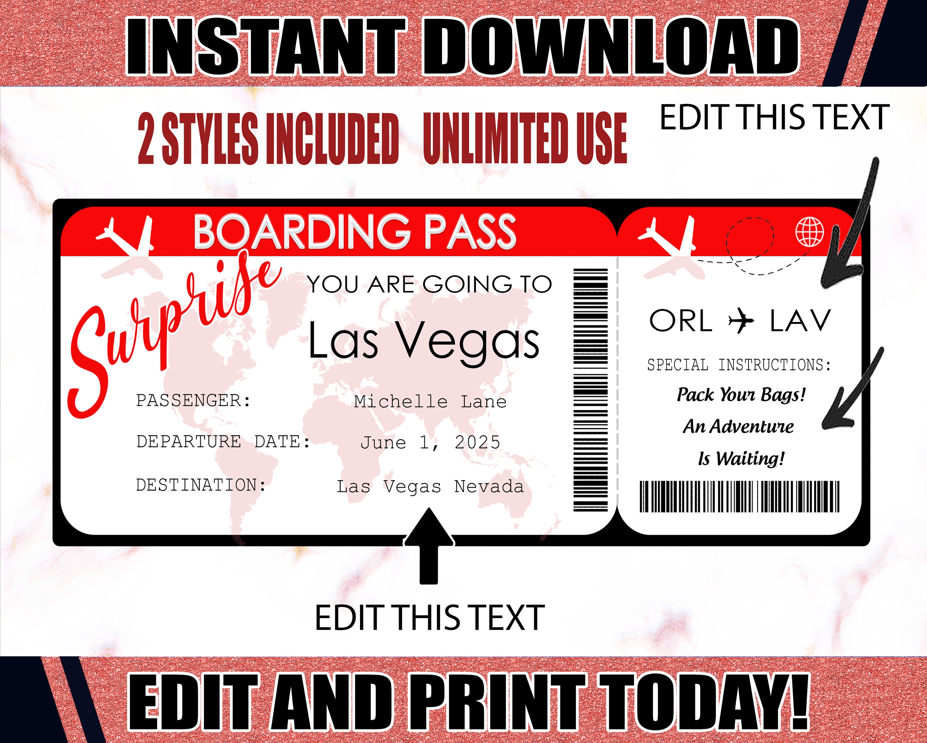 Boarding Pass Ticket Printable Airline Ticket Trip Reveal - Etsy