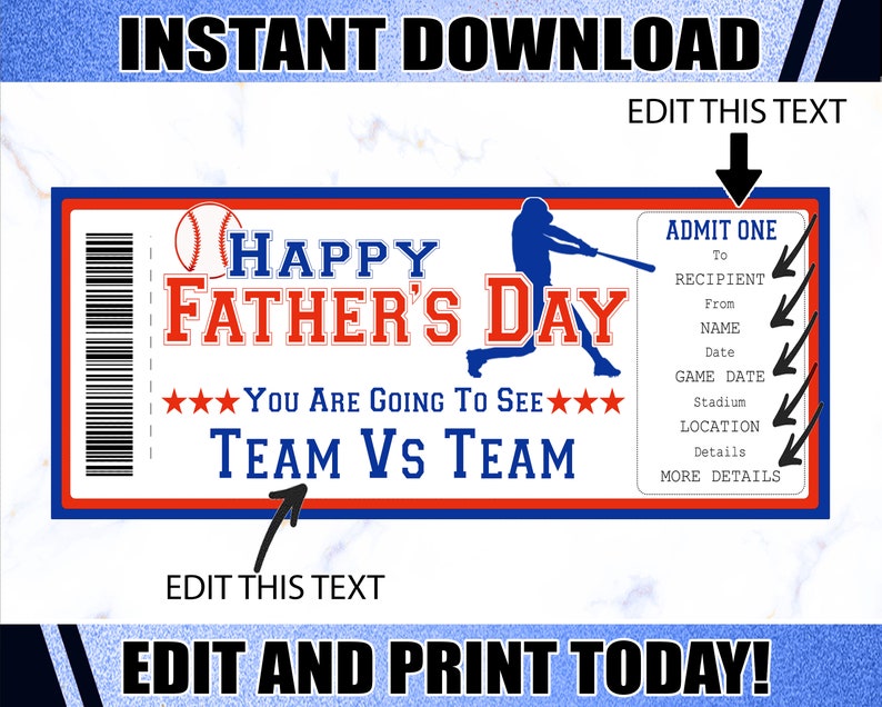Baseball Ticket Father's Day Baseball Printable Certificate Editable ...