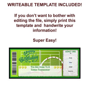 Tennis Tournament Ticket, Birthday Tennis Ticket, Printable Tennis ...