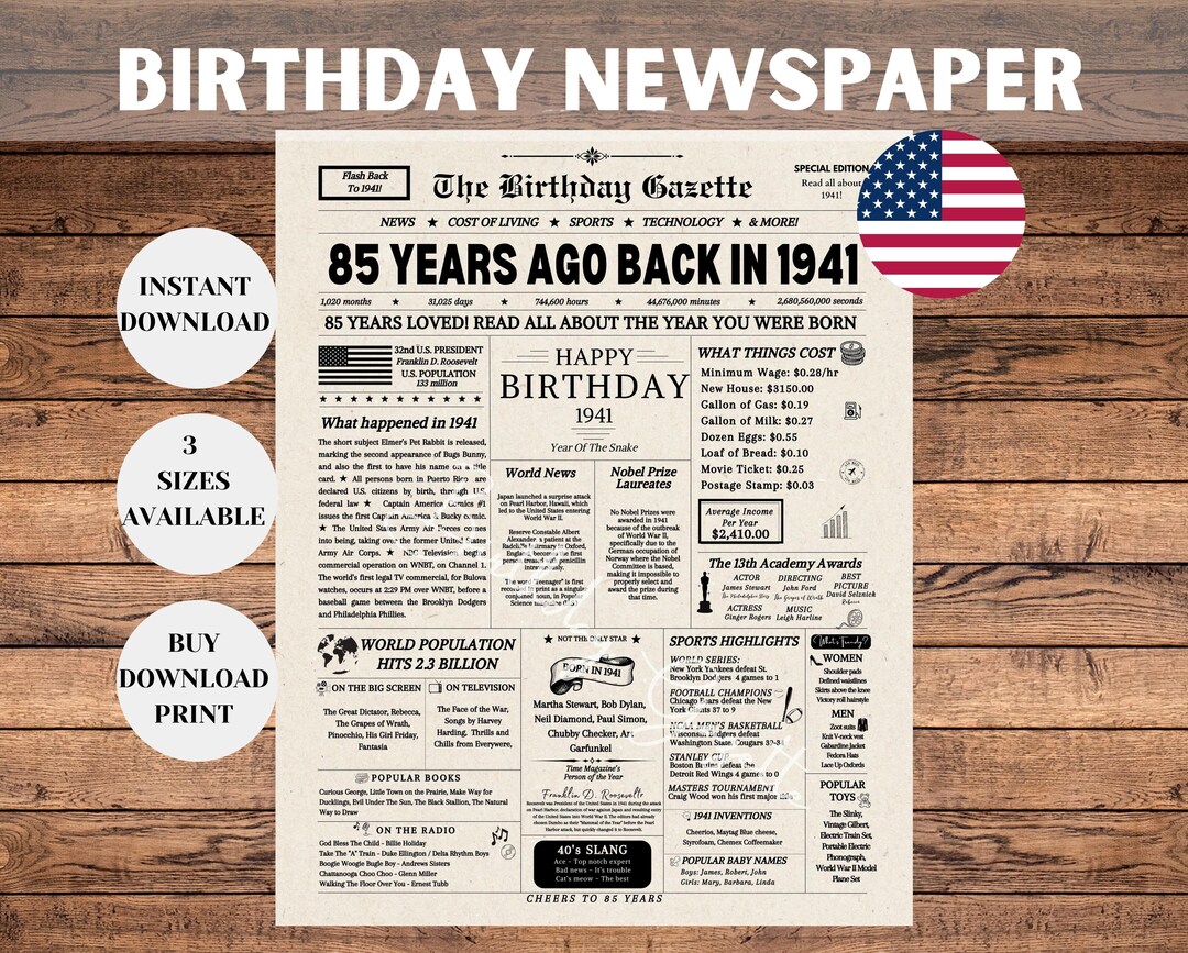 85th Birthday Newspaper Sign, 85th Birthday Gift for Men or Women, 85 ...