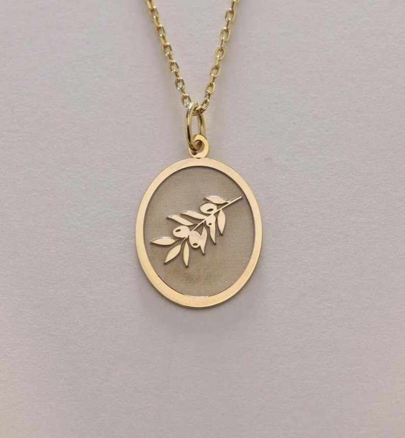 Olive Branch Gold Necklace, Minimalist Round Leaf Pendant, 14K Gold ...