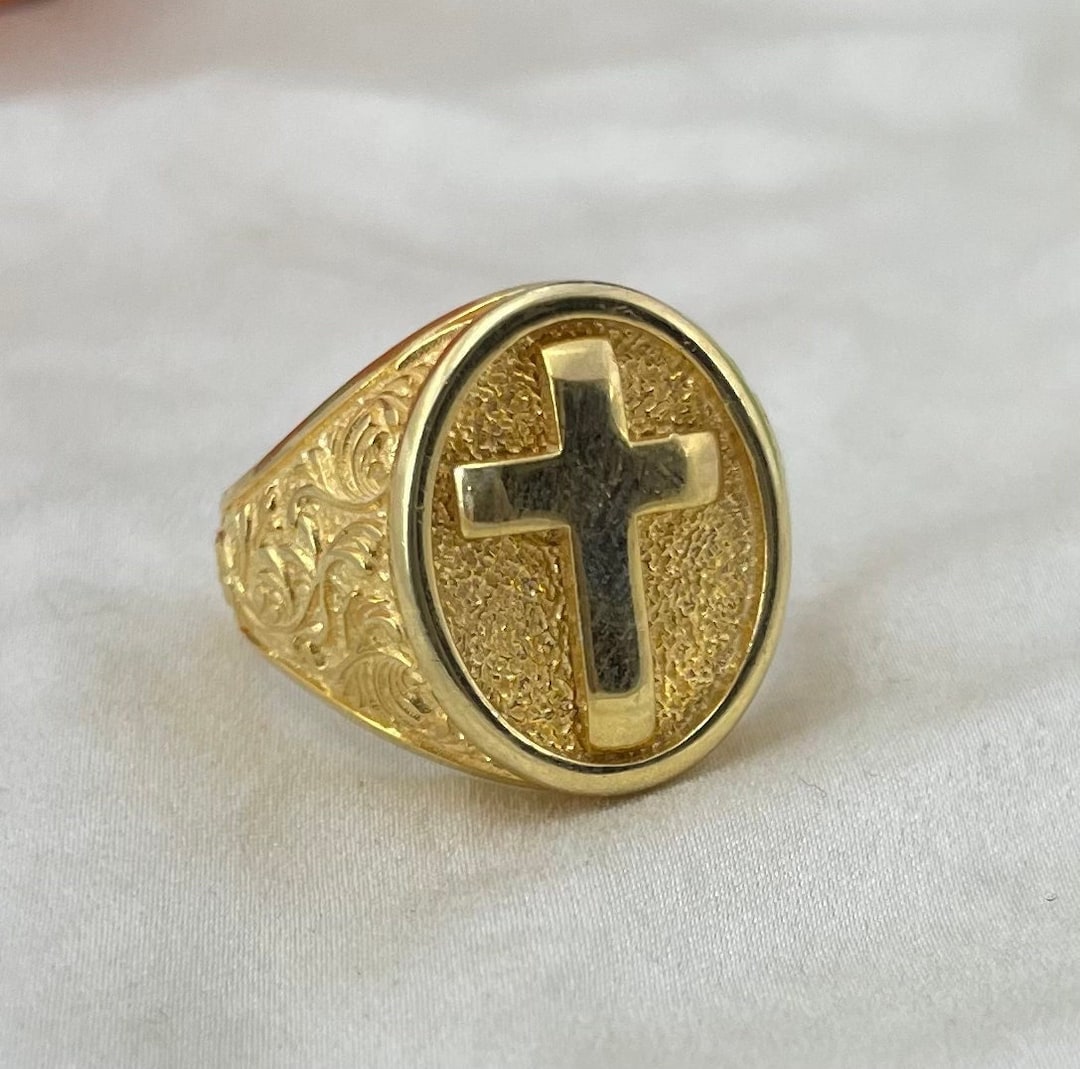 Gold Signet Cross Jesus Ring , Cross Gold Messiah Jesus Ring , 14K Gold ...