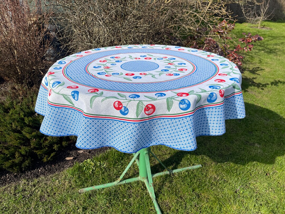 Gorgeous Vintage Round Tablecloth/ Blue and White Stripes/ Large Cherry ...