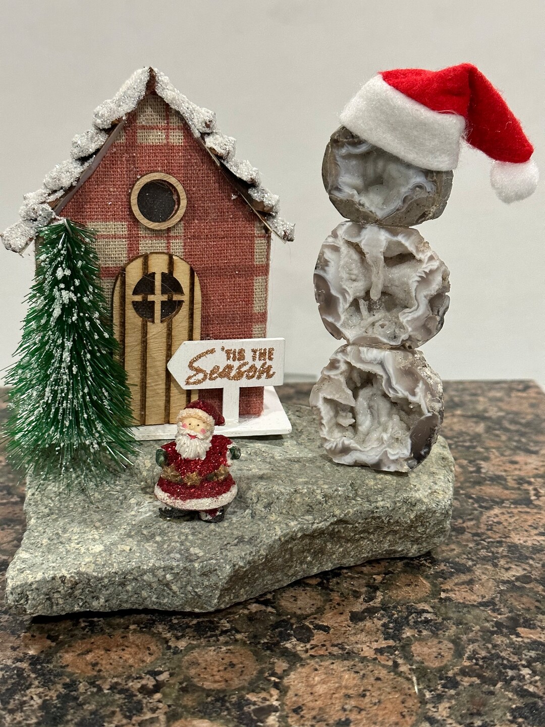 Crystal Druzy Geode Snowman With Santa and Light up House - Etsy