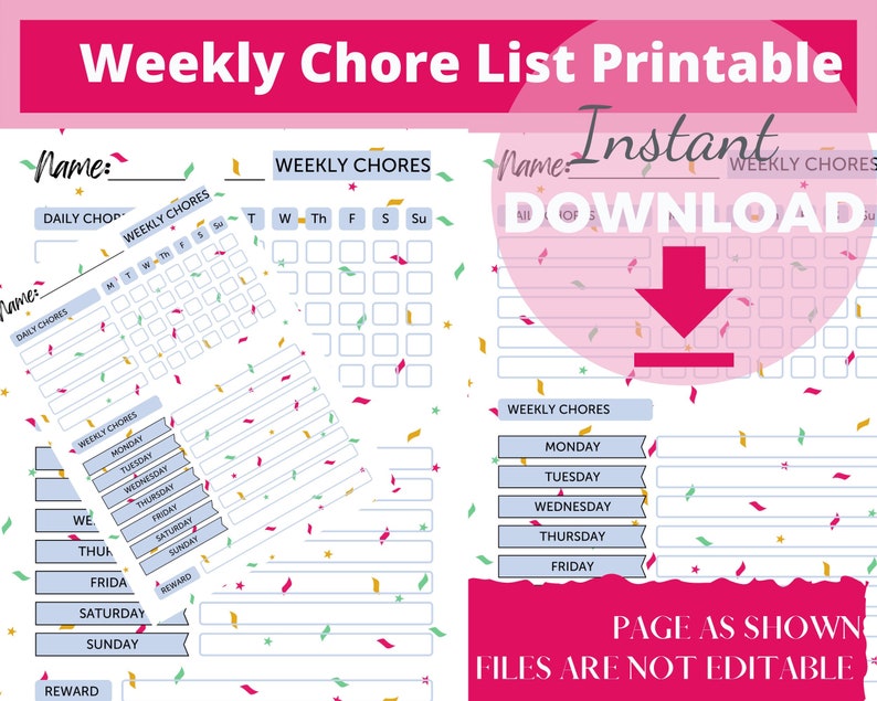 FUN CHORE CHART, Printable Cleaning Schedule, Weekly Checklist ...