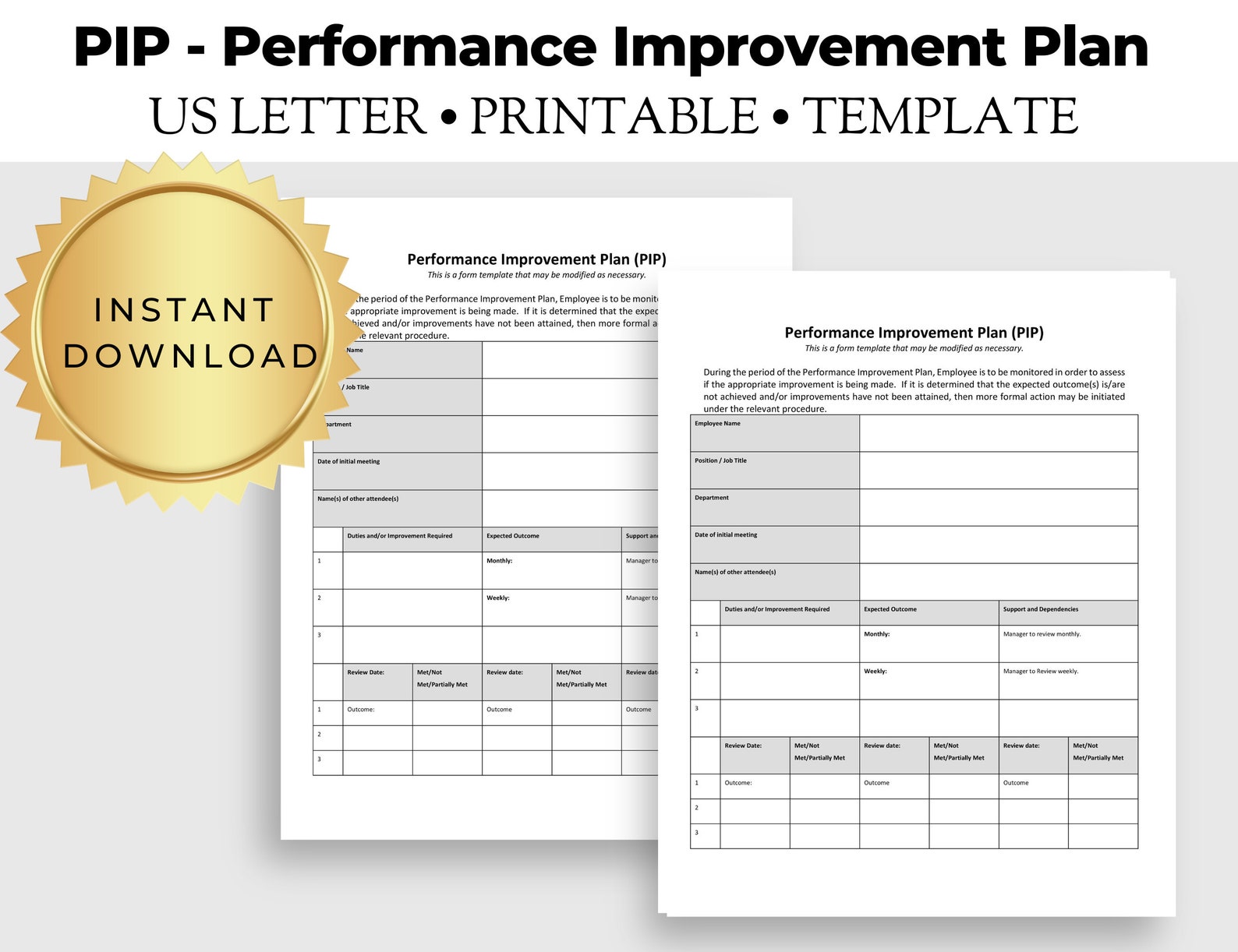 PERFORMANCE IMPROVEMENT PLAN (pip) Template Form U.S. Letter Pdf - Etsy