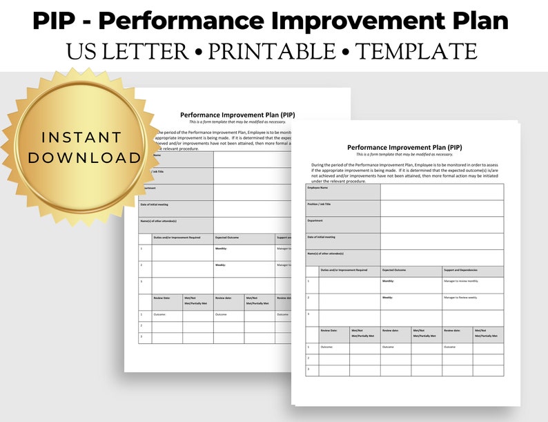 PERFORMANCE IMPROVEMENT PLAN (pip) Template Form U.S. Letter Pdf - Etsy