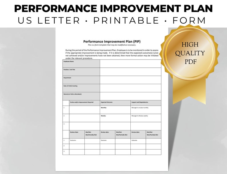 PERFORMANCE IMPROVEMENT PLAN (pip) Template Form U.S. Letter Pdf - Etsy