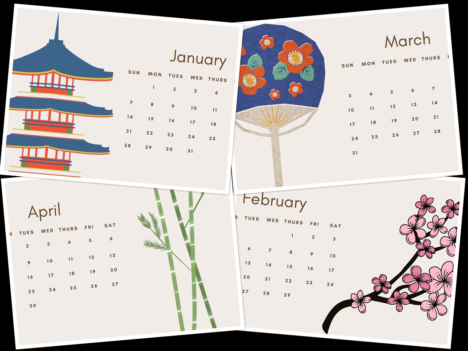 2024 Japanese Minimalist Calendar Printable Sunday Start Japanese Wall ...