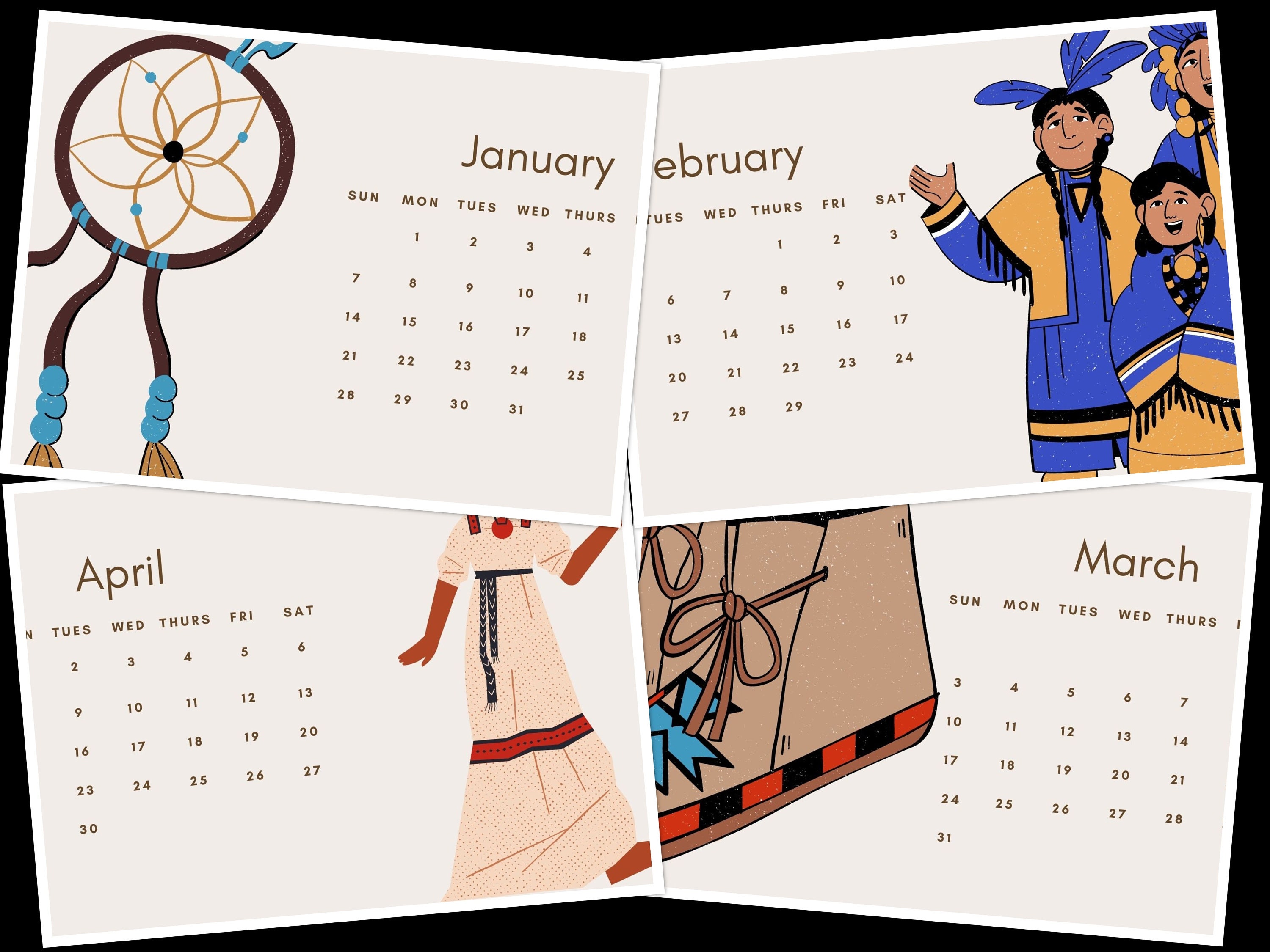 2024 Native American Minimalist Calendar Printable Sunday Start Native ...