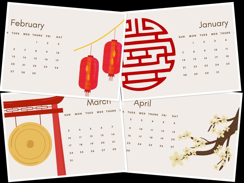 2024 Chinese Minimalist Calendar Printable Sunday Start Chinese Wall ...