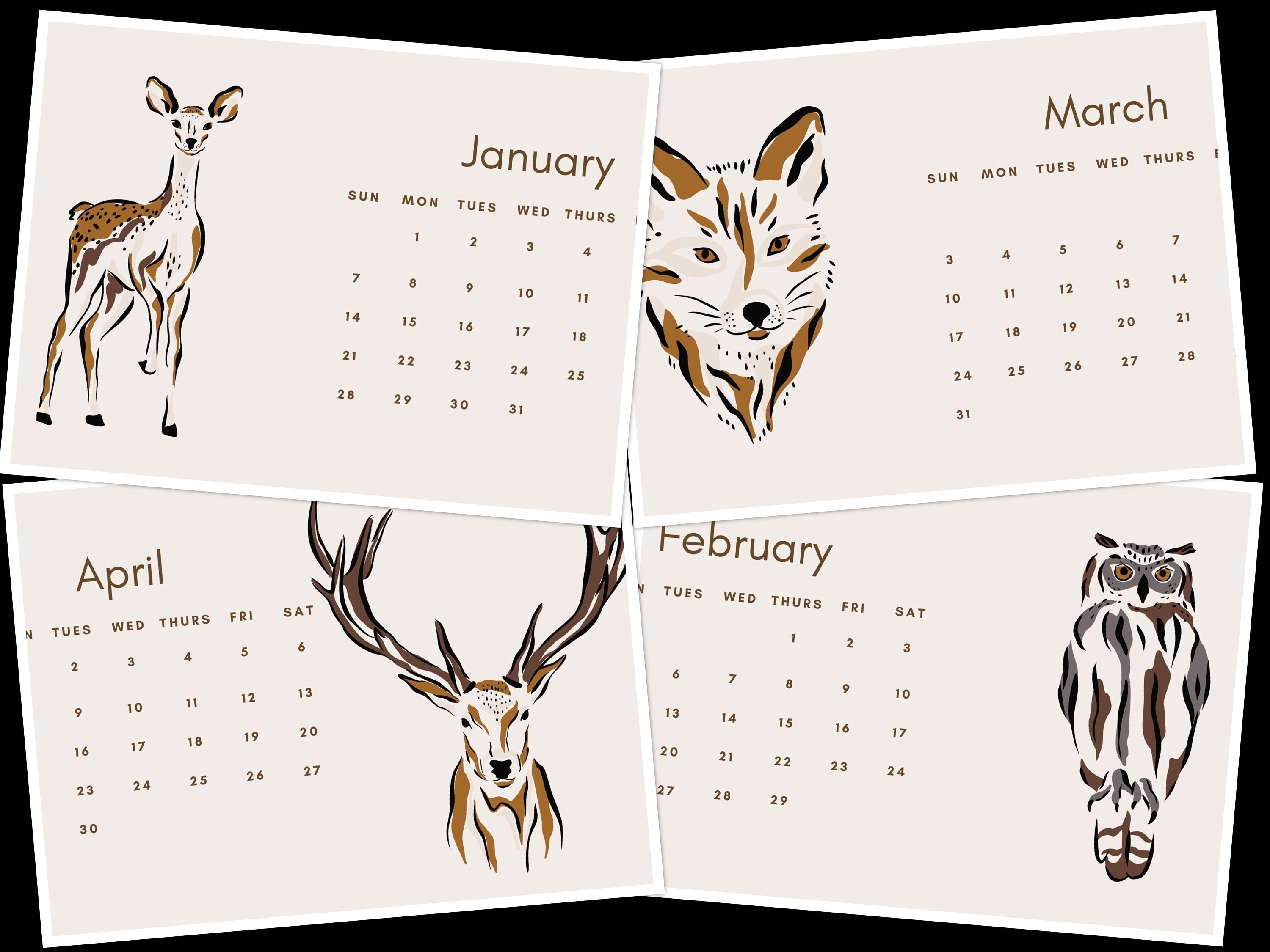 2024 Animals Calendar Printable Sunday Start Animals Wall Calendar 12 ...