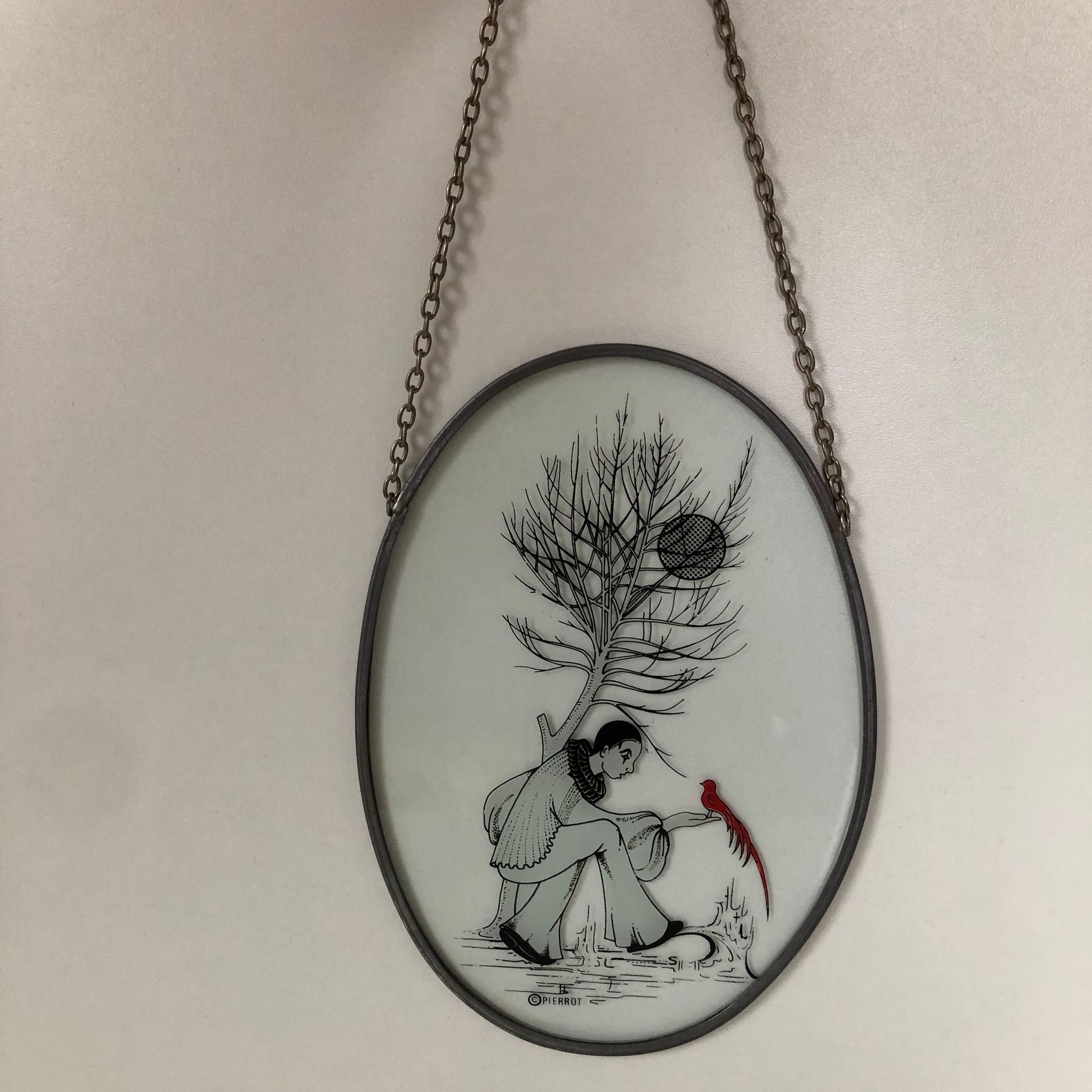Vintage PIERROT With Bird Window Hanger / Sun Catcher / Stained Glass ...