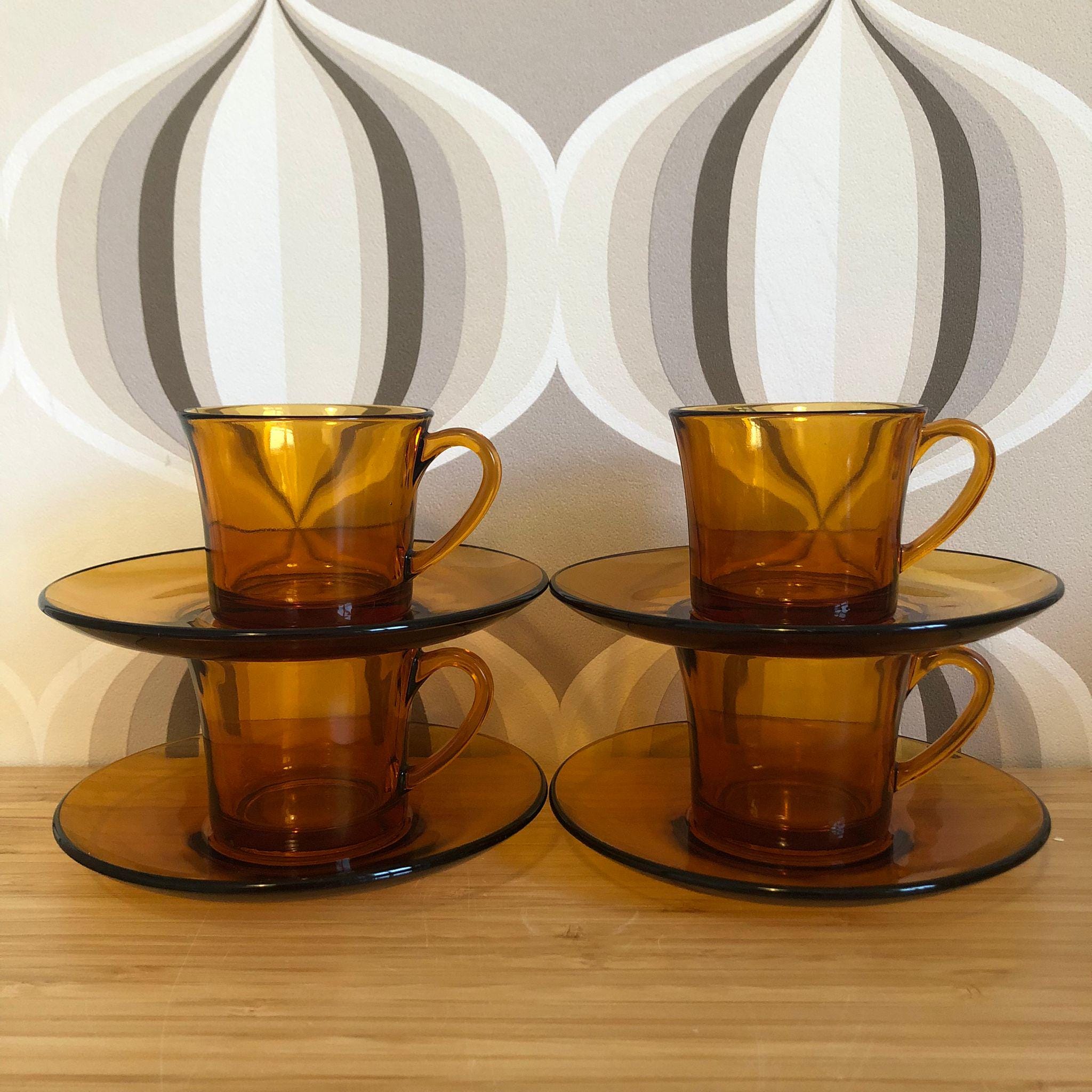 4 Amber Glass Espresso Duralex Cup & Saucers - Etsy