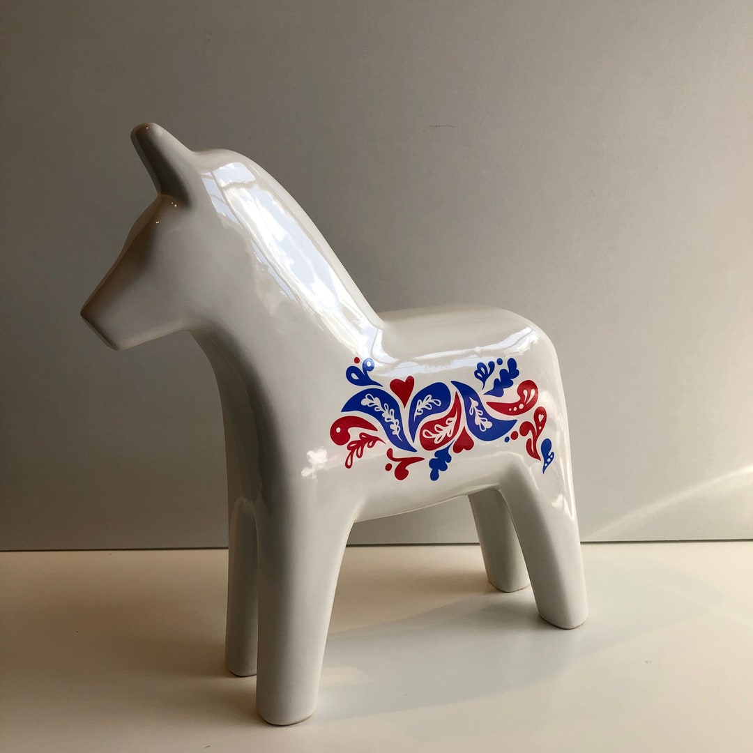 Vintage IKEA White Ceramic Dala Horse 1990s With Blue & Red Design ...